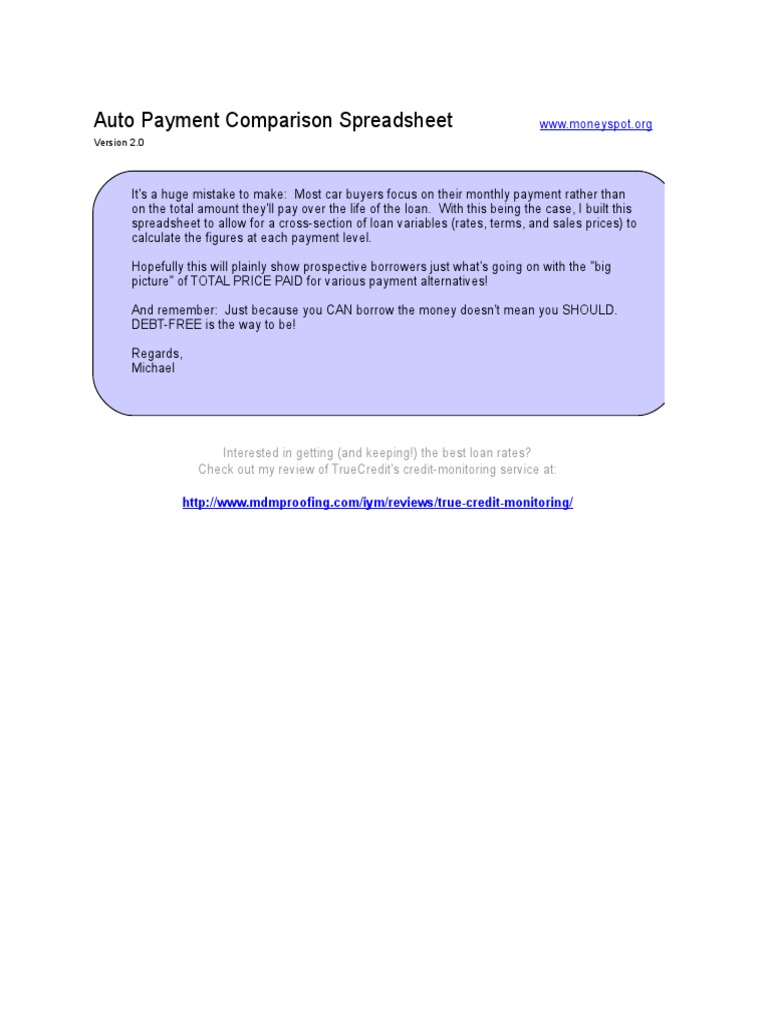 Auto Payment Comparison Spreadsheet | PDF | Interest | Loans