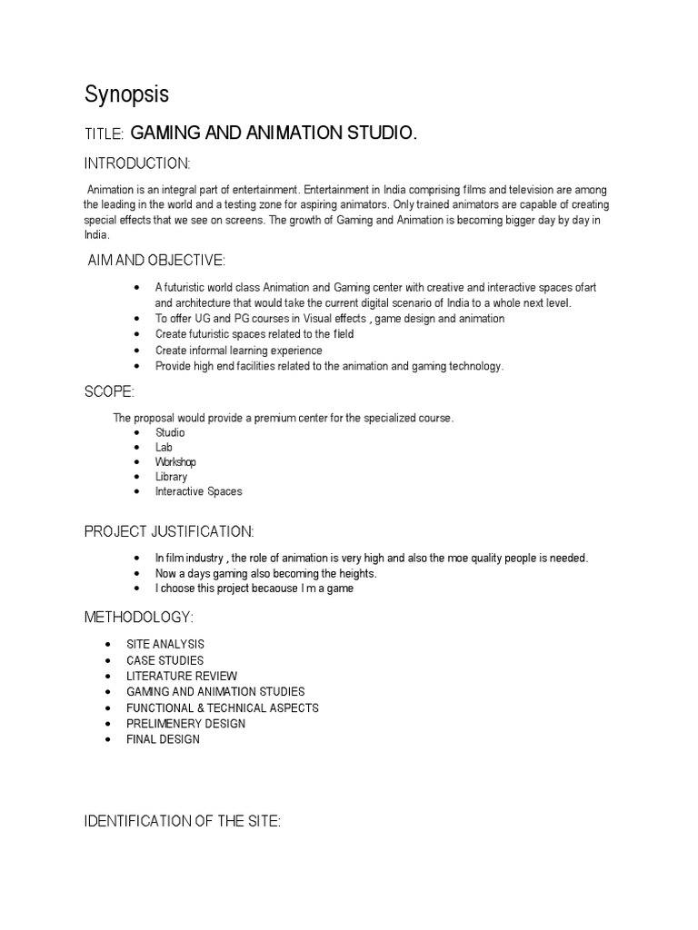Gaming and Animation Studio - Synopsis | PDF