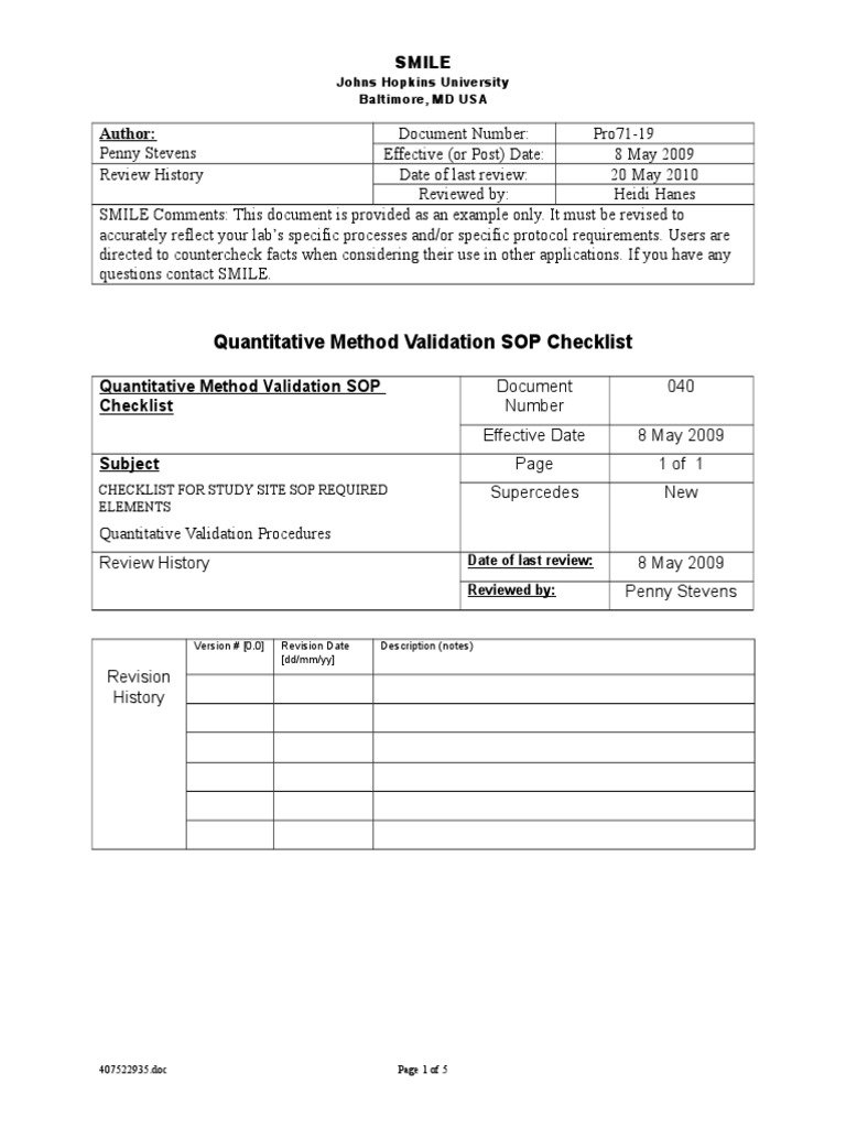 Validation SOP Checklist | PDF | Reference Range | Verification And Validation