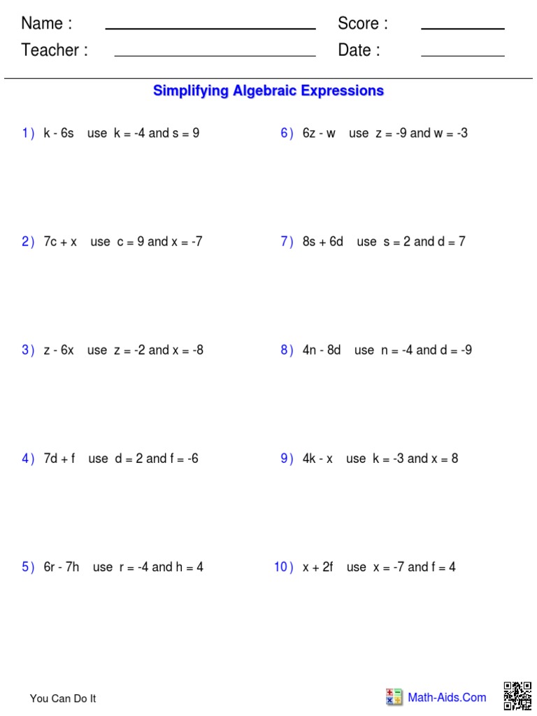 Simplifying Algebraic Expressions Worksheet | PDF
