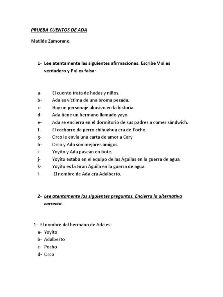 Prueba Cuentos de Ada | PDF | Ocio