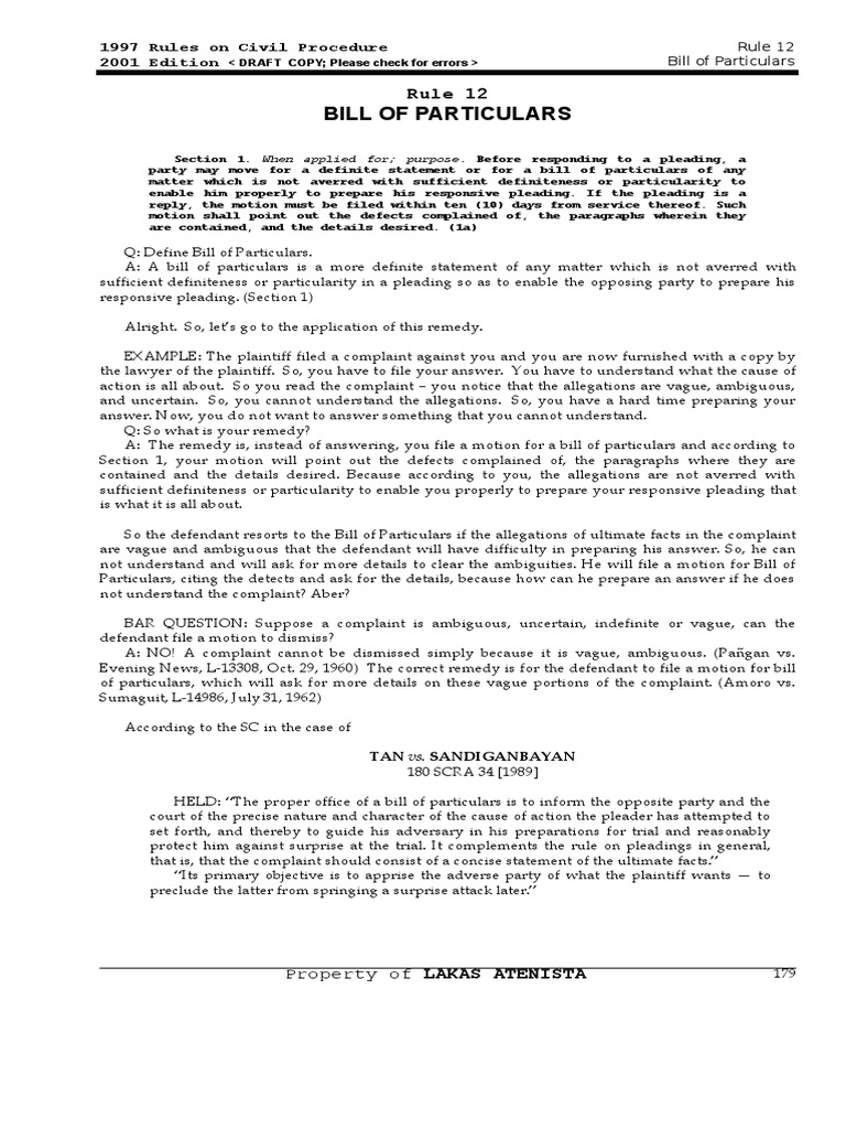 Rule 12 Bill of Particulars | PDF | Pleading | Complaint