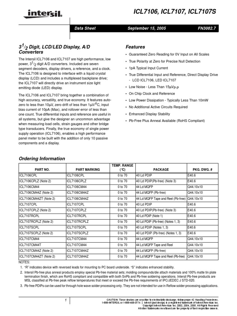 Intersil ICL7106, ICL7107 | PDF | Analog To Digital Converter | Power ...