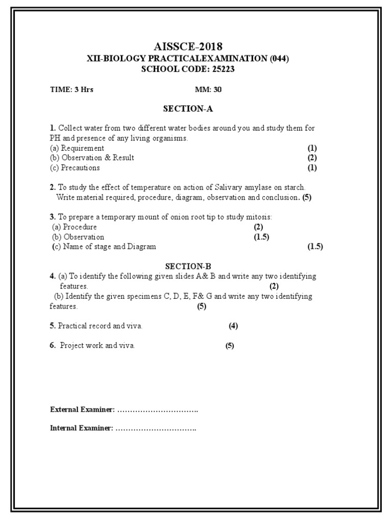 + 2 Bio Practical Question Paper 2017-18 | PDF
