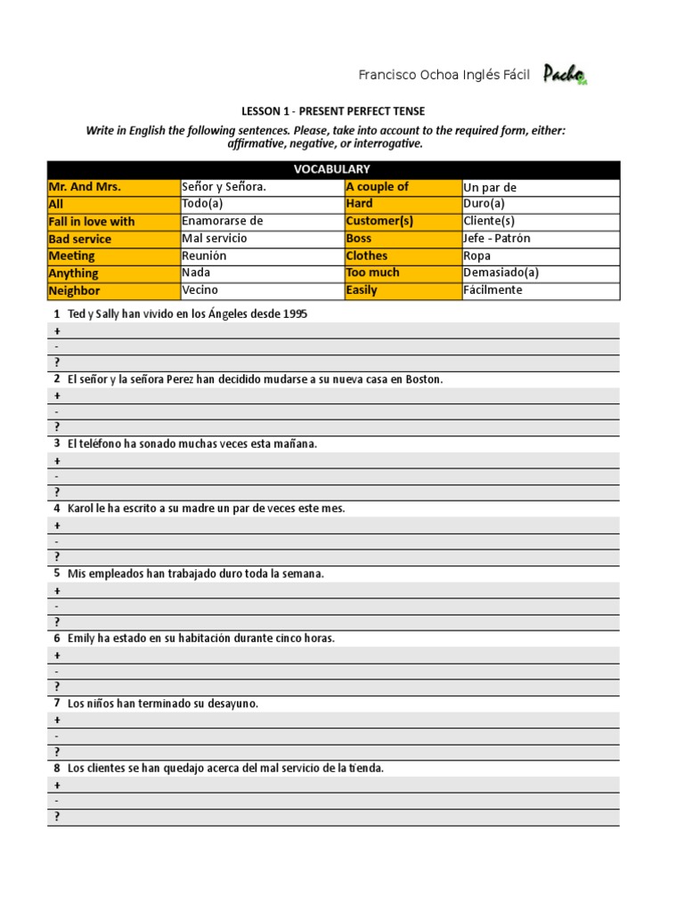 Lesson 1 - Present Perfect Tense | PDF | Morfología | Onomástica