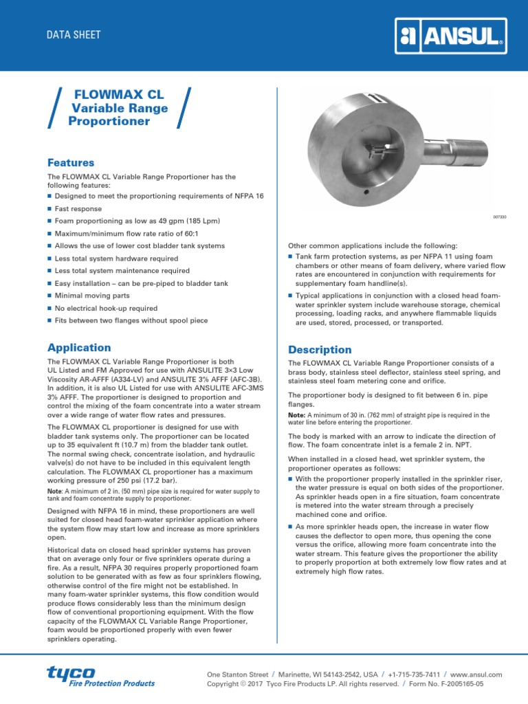 FLOWMAX CL Variable Range Proportioner | PDF | Fire Sprinkler System ...