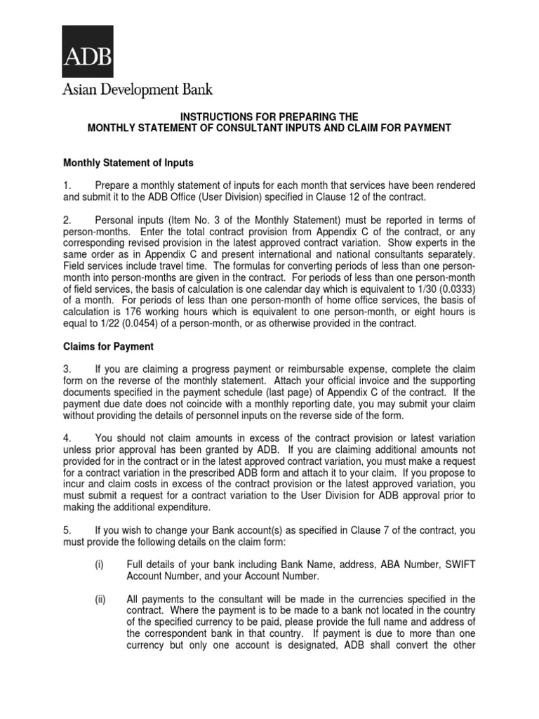 Instructions for Preparing the Monthly Statement of Consultant Inputs ...