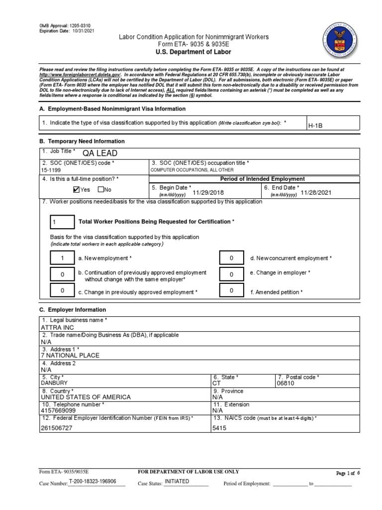 Qa Lead: Labor Condition Application For Nonimmigrant Workers Form ETA ...