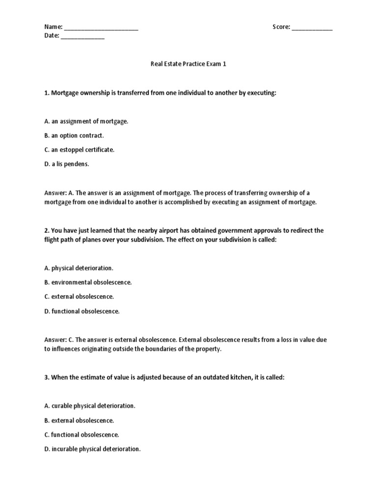 Real Estate Practice Exam 1 Answera | PDF | Eviction | Leasehold Estate