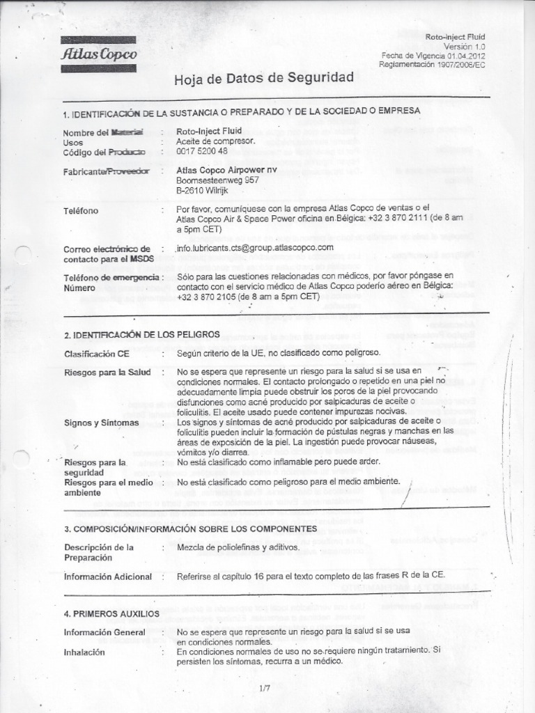 MSDS de Aceite Roto Inject Fluid - Atlas Copco PDF | PDF