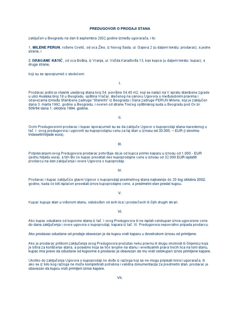 PREDUGOVOR O PRODAJI STANA Primer | PDF
