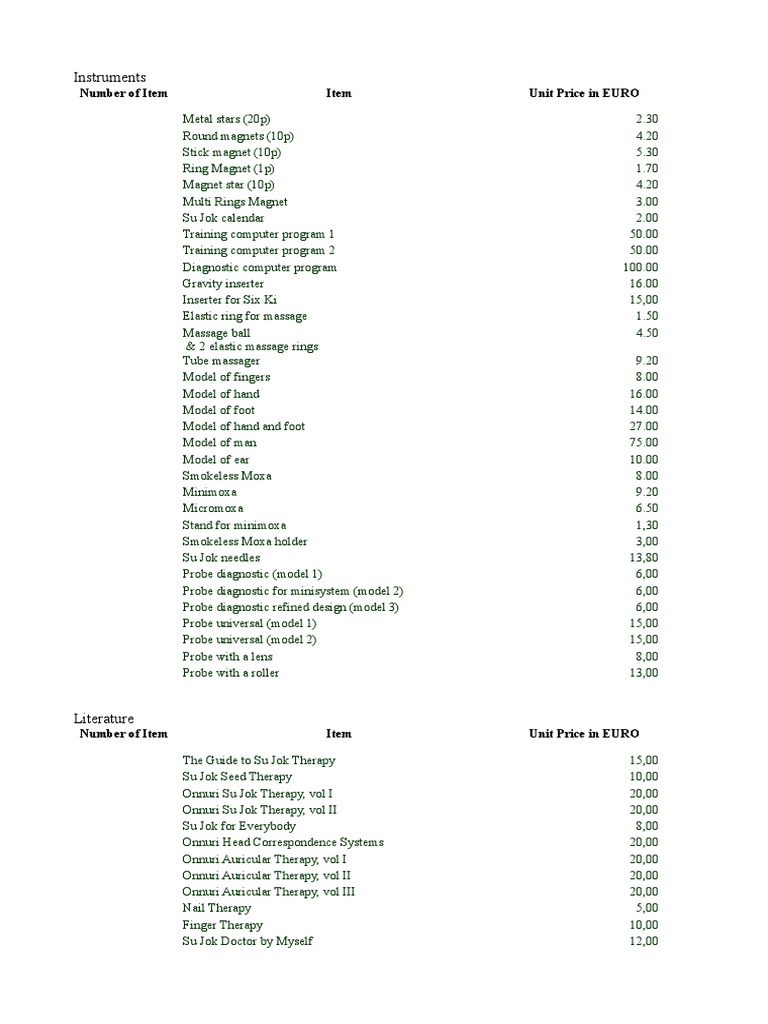 Instruments: Number of Item Item Unit Price in EURO | PDF | Nature