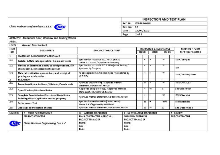 AlumDoor-Inspection & Testing Plan (ITP) | Specification (Technical ...