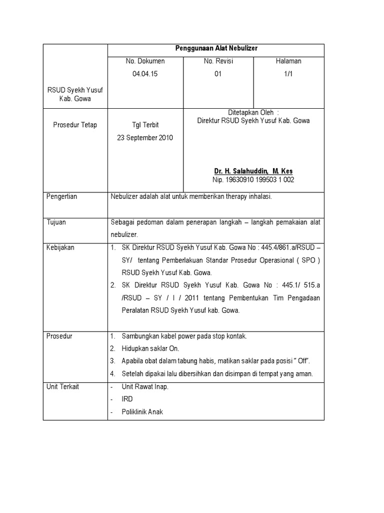 SOP Penggunaan Alat Nebulizer S | PDF