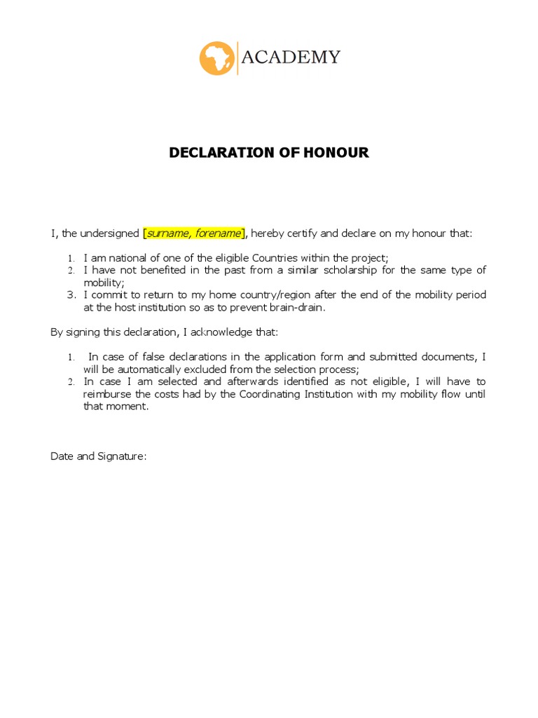 Declaration of Honour ACADEMY en | PDF | Government | Business
