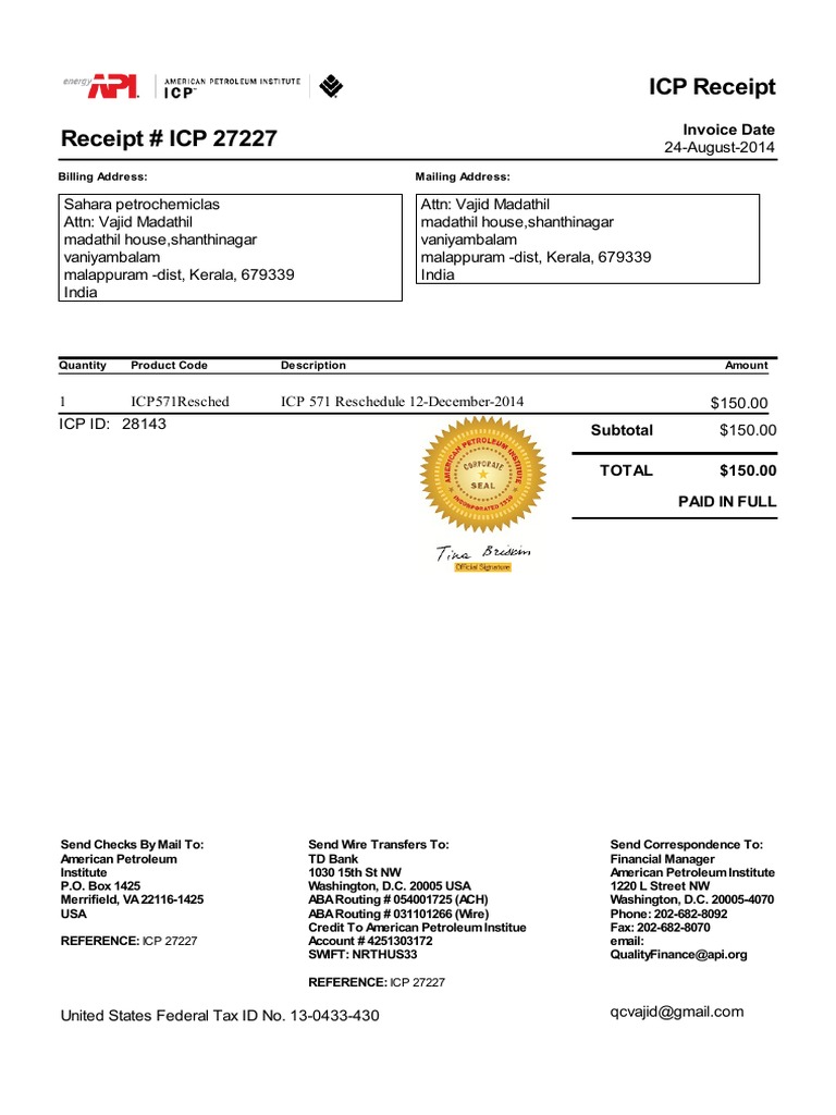 Icp Receipt - Icp 27227 | PDF