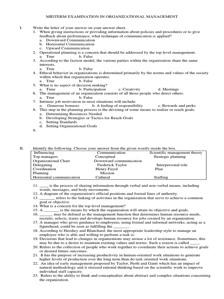 Midterm Exam in Organizational Management | PDF | Goal | Communication