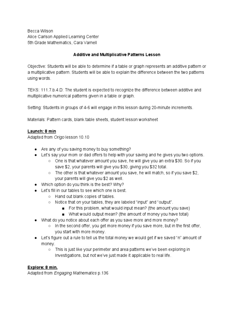 Additive and Multiplicative Patterns Lesson | PDF | Cognition | Learning