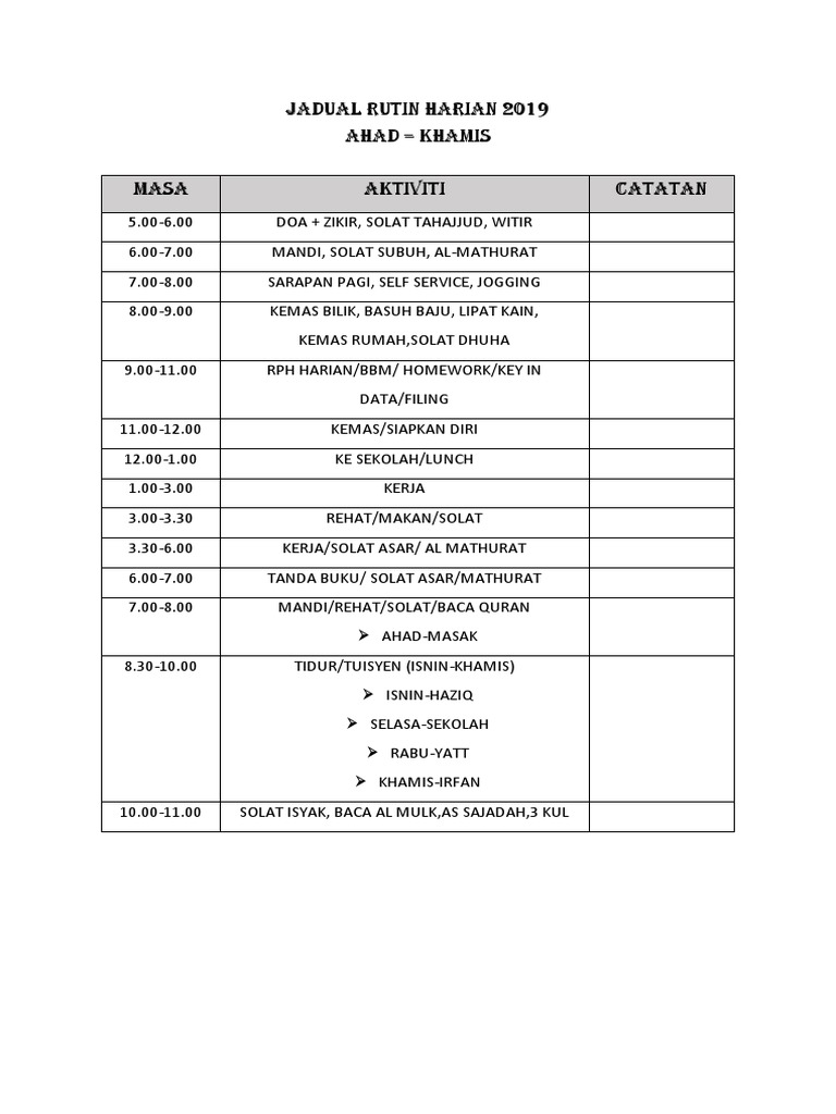 Jadual Rutin Harian 2019 | PDF