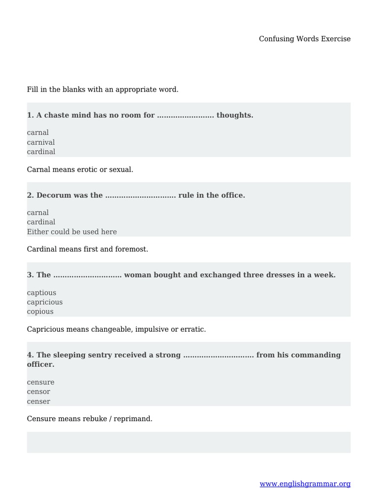 Confusing Words Exercise: Carnal Carnival Cardinal | PDF