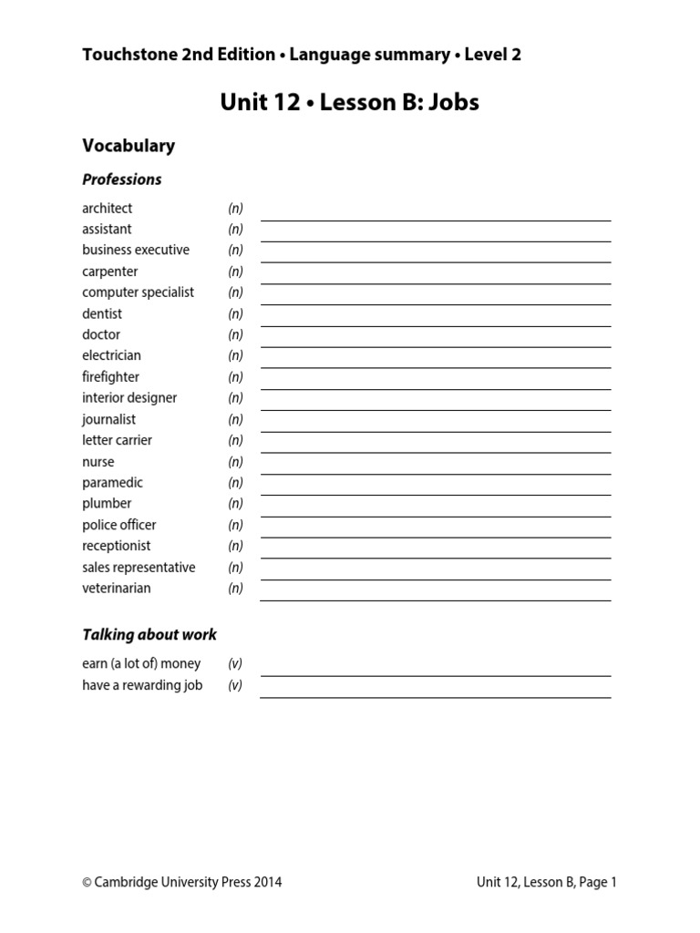 Unit 12 - Lesson B: Jobs: Touchstone 2nd Edition - Language Summary - Level 2 | PDF