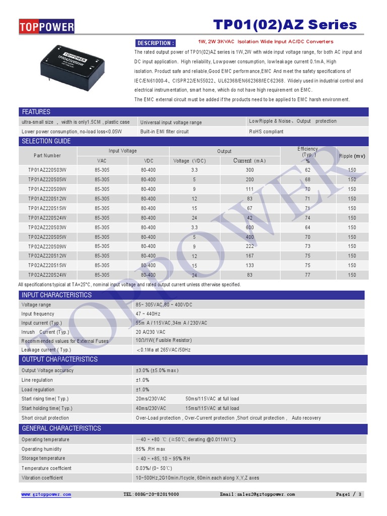 TP01 (02) AZ 1W-2W ACDC Converters | PDF | Power Supply | Electrostatic Discharge