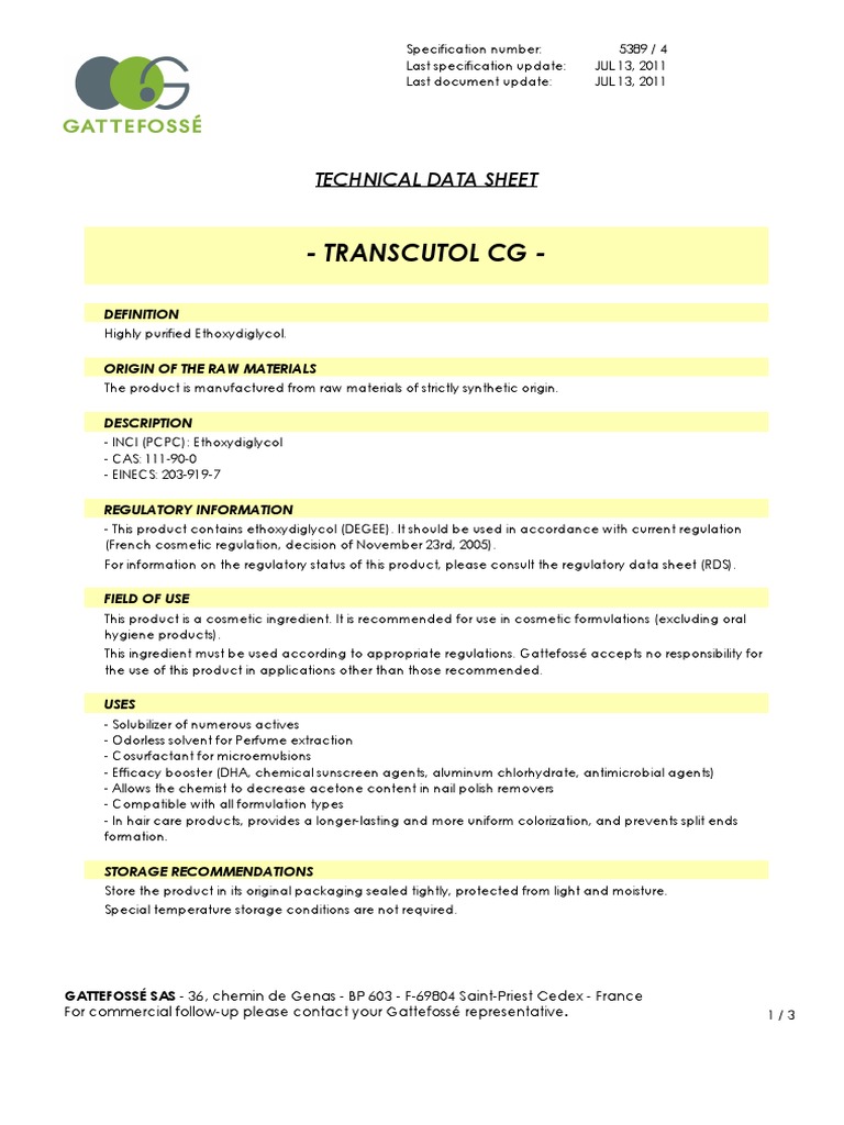 Tds Transcutol Cg | Cosmetics | Specification (Technical Standard ...