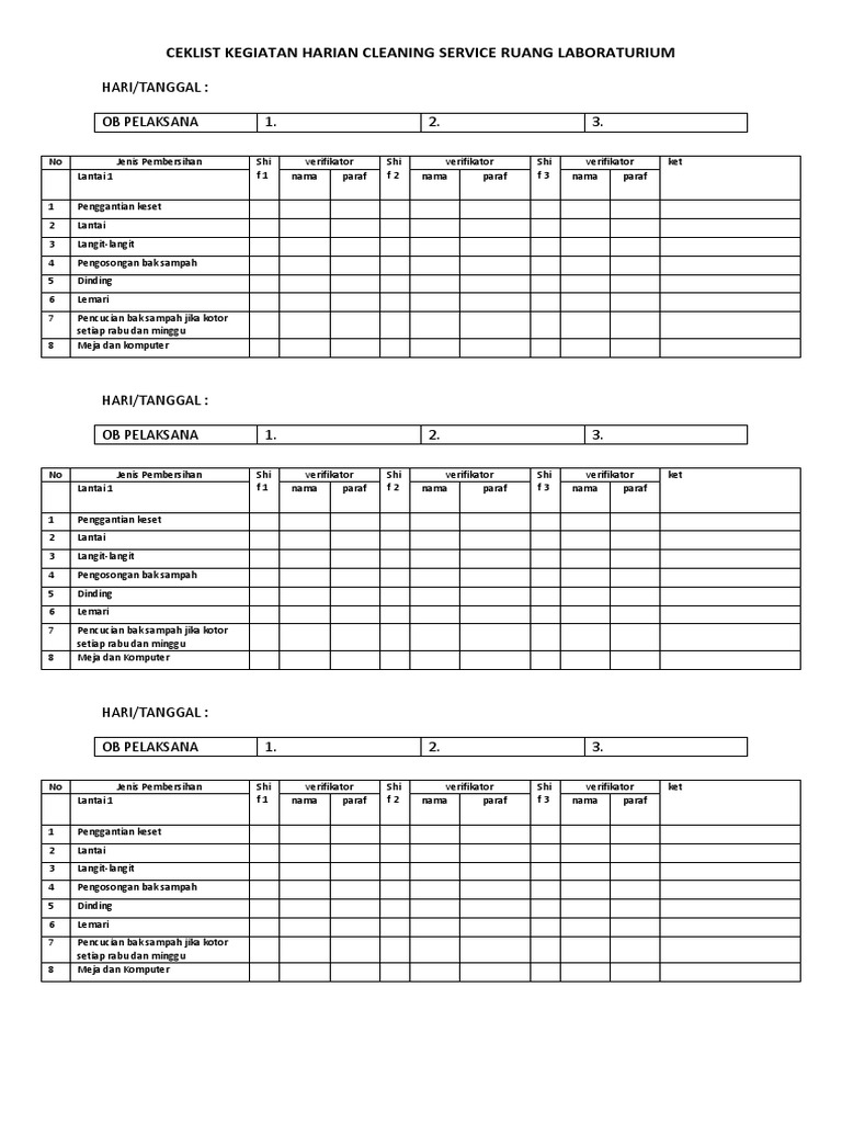 Ceklist Harian Cleaning Service Rumah Sakit | PDF