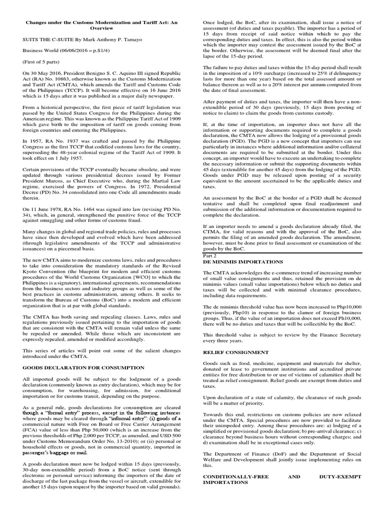Changes Under The Customs Modernization and Tariff Act | PDF | Customs ...