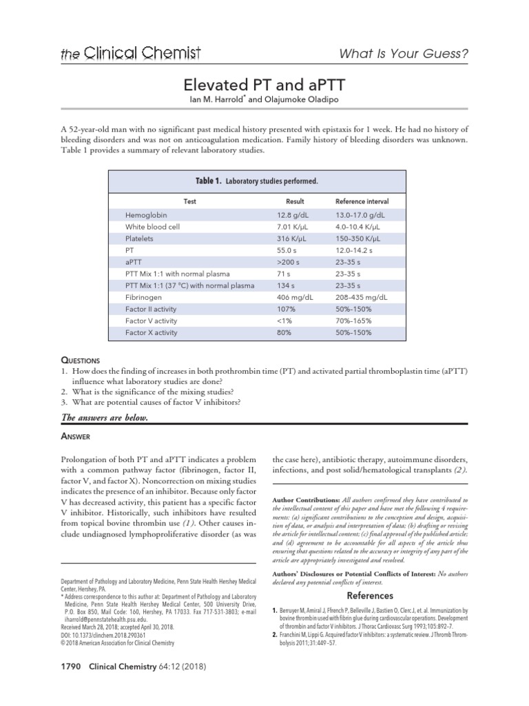Elevated PT and aPTT: What Is Your Guess? | PDF | Hematology | Body Fluids