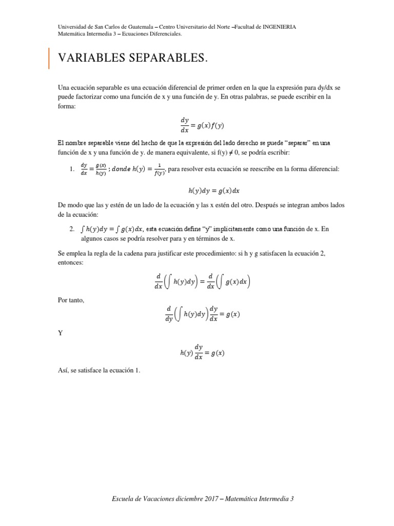 Método de Integración de Variables Separables | PDF | Integral | Ecuaciones