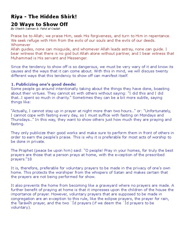 Showing Off The Hidden Shirk | PDF