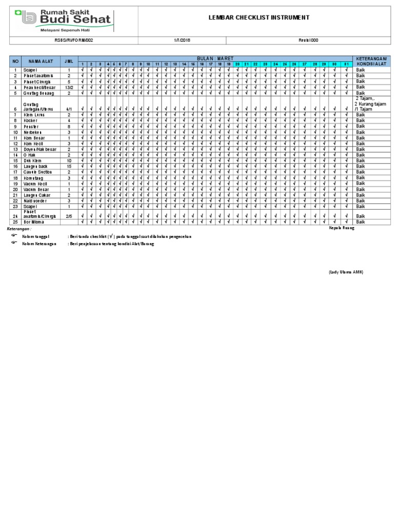 Lembar Checklist Instrument: Bulan: Maret | PDF
