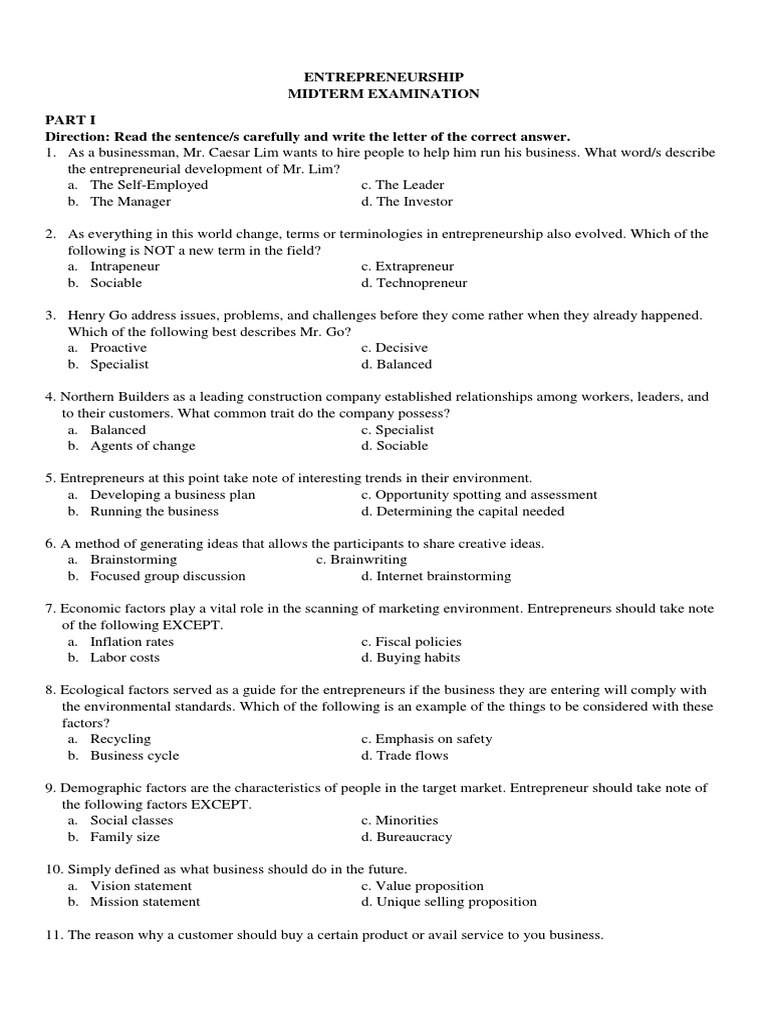 Entrepreneurship Midterm Exam Questions | PDF | Pricing | Entrepreneurship