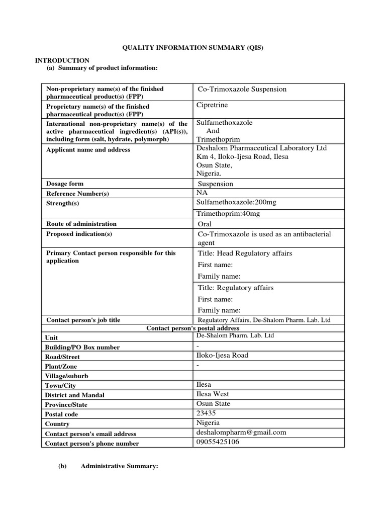 Quality Information Summary for Co-Trimoxazole | PDF | Pharmaceutical ...