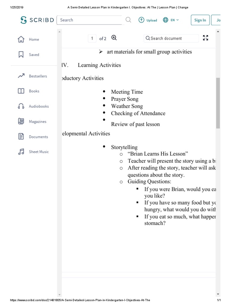 A Semi-Detailed Lesson Plan in Kindergarten I. Objectives - at The ...