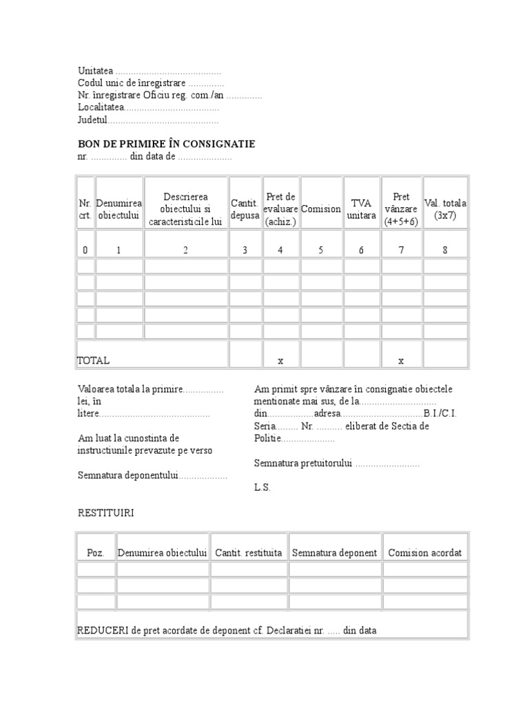 Bon de Primire in Consignatie | PDF
