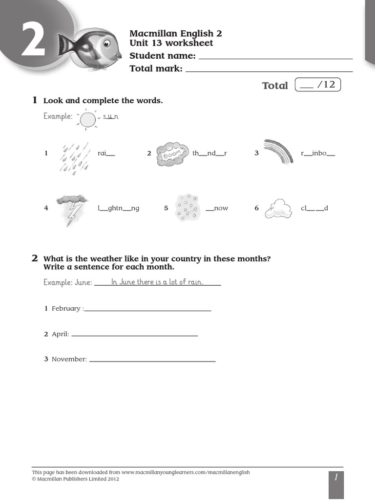 Total: Macmillan English 2 Unit 13 Worksheet Student Name: Total Mark | PDF