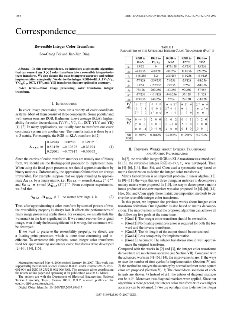 Correspondence Reversible Integer Color Transform Pdf Factorization Matrix Mathematics