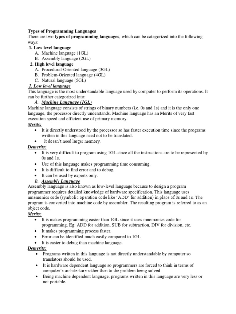 Types of Programming Languages: 1. Low Level Language | PDF | Computer ...