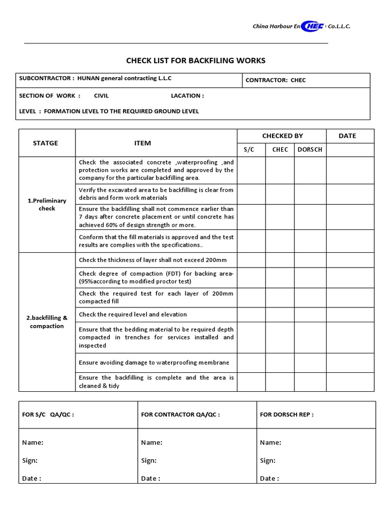 Check List For Backfilling Works | PDF | Civil Engineering | Engineering