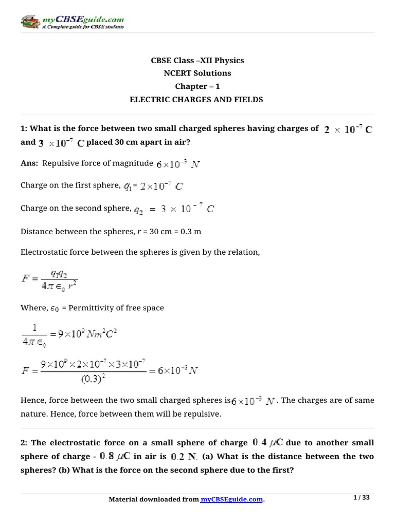 12 Physics Ncert ch01 Electric Charges and Field Part 1 Ques PDF | PDF | Electric Charge ...