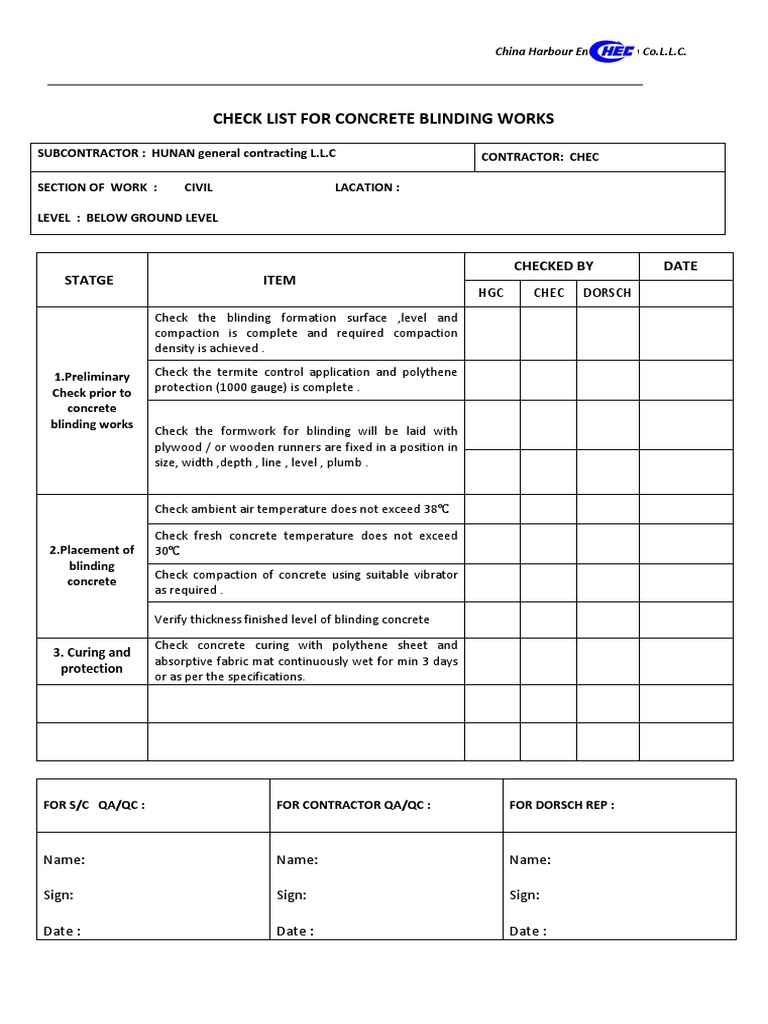 Concrete Blinding Works Checklist | PDF