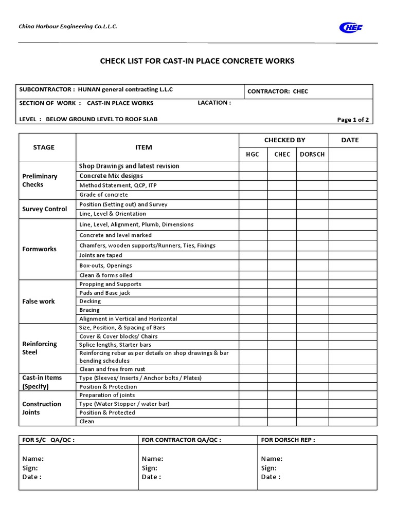 Cast-In Place Concrete - Check List | PDF | Concrete | Structural ...