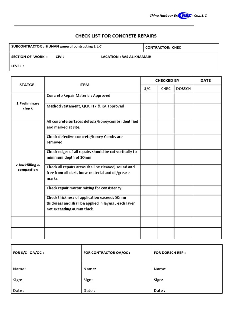 Concrete Repair Checklist for Contractors | PDF