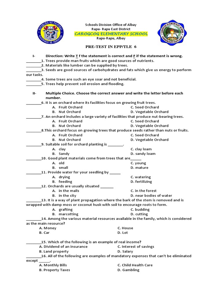 Carogcog Elementary School Pre-Test Review | PDF | Engraving | Trees