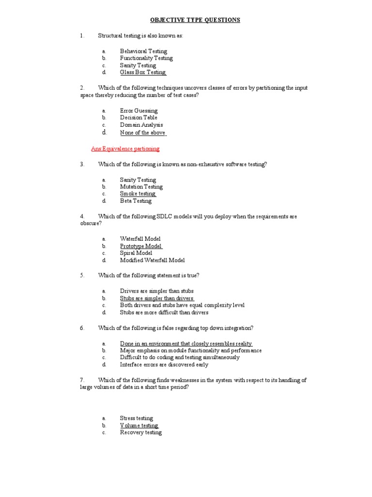 Ans:Equivalence Partioning: Objective Type Questions | PDF | Software ...