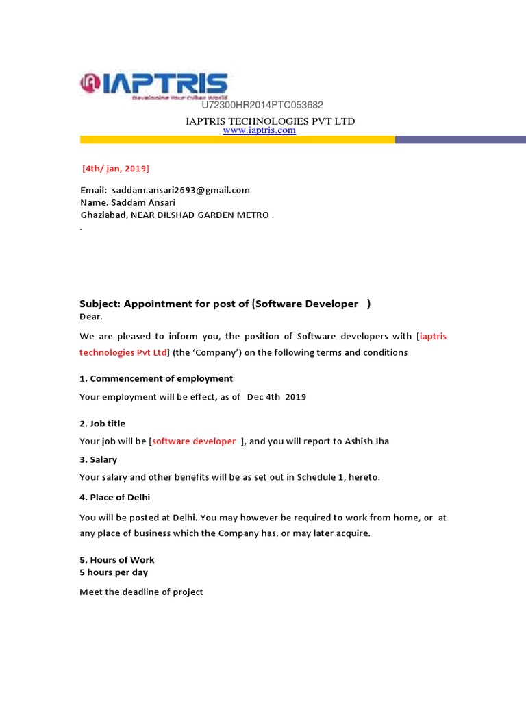 Appointment Letter | PDF | Confidentiality | Employment