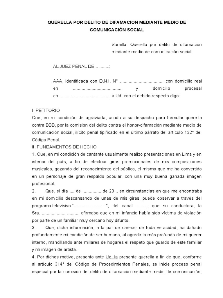 Modelo de Querella | Descargar gratis PDF | Derecho penal | Crimen y ... Modelo de Querella | Descargar gratis PDF | Derecho penal | Crimen y ...