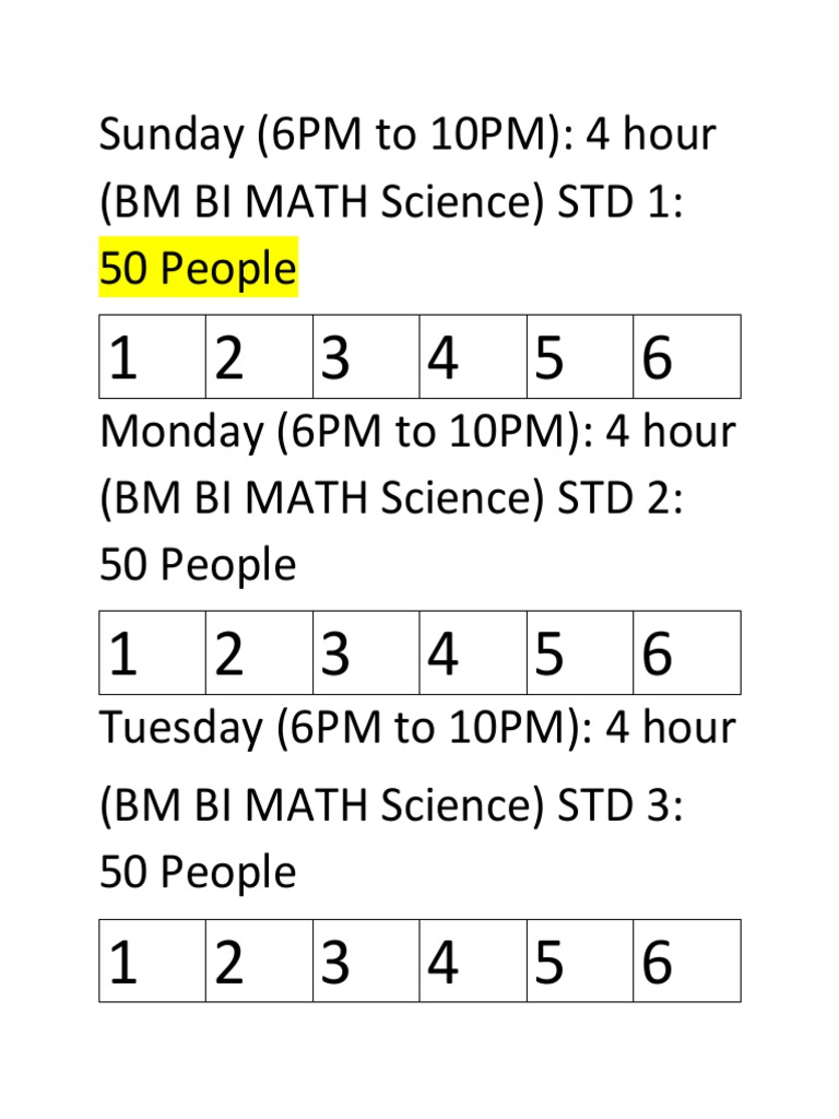 Sunday (6PM To 10PM) : 4 Hour (BM BI MATH Science) STD 1: 50 People | PDF
